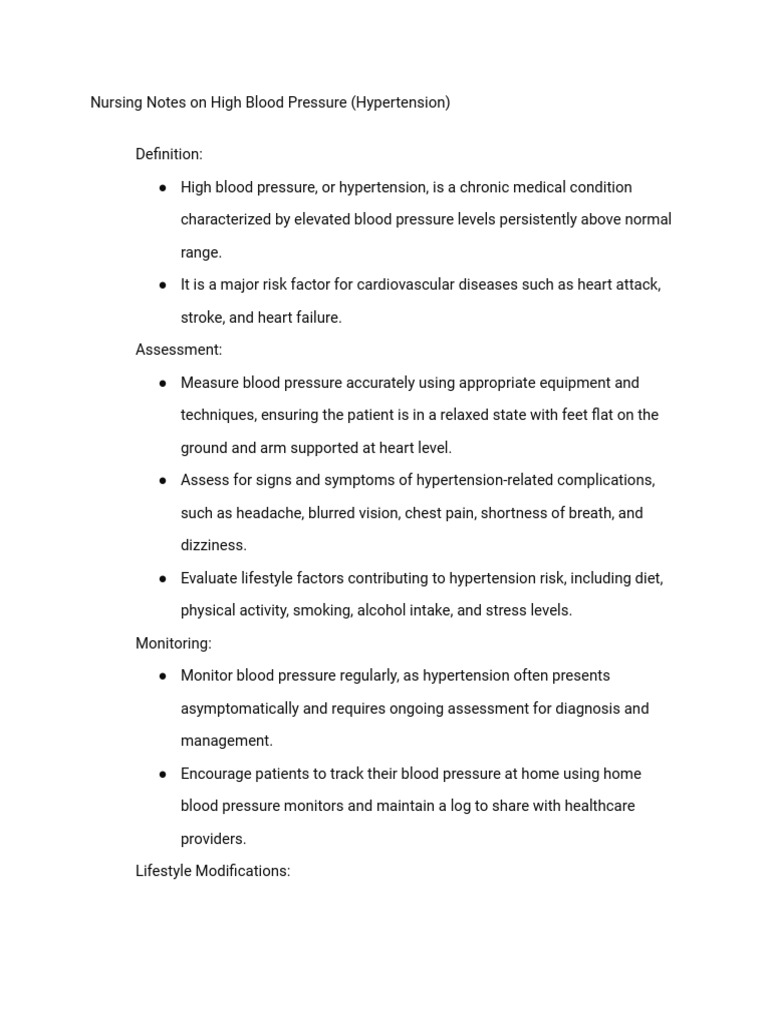 Nursing Notes On Hypertension | PDF | Hypertension | Blood Pressure