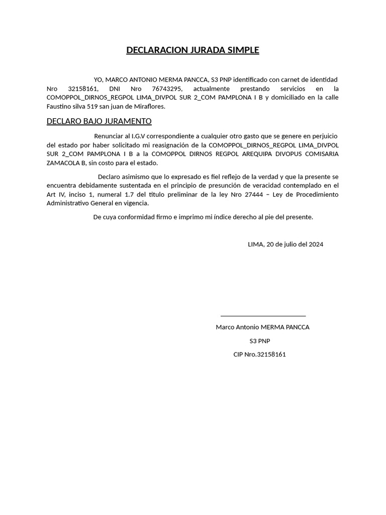 Declaracion Jurada Simple Pipipi | PDF