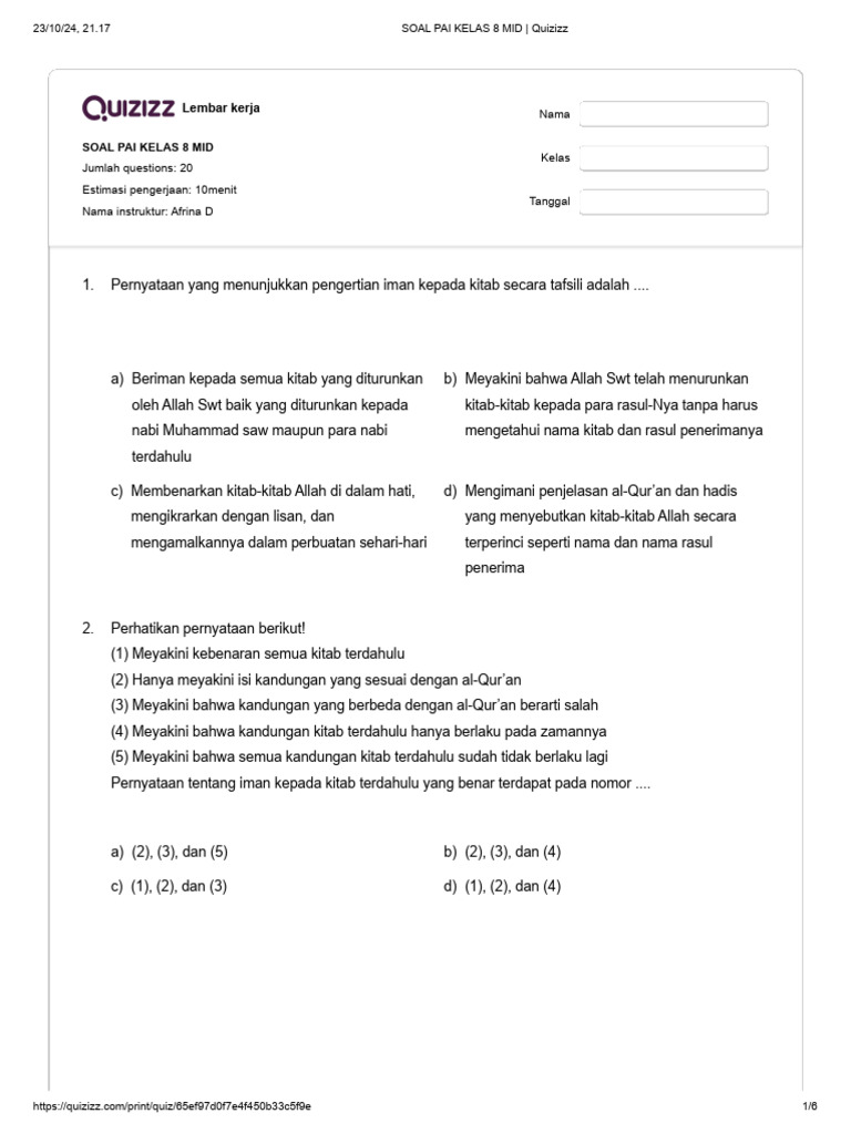SOAL PAI KELAS 8 MID _ Quizizz | PDF