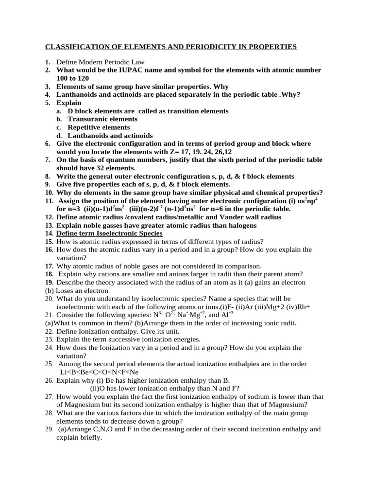 Classification of Elements and Periodicity in Properties | PDF ...