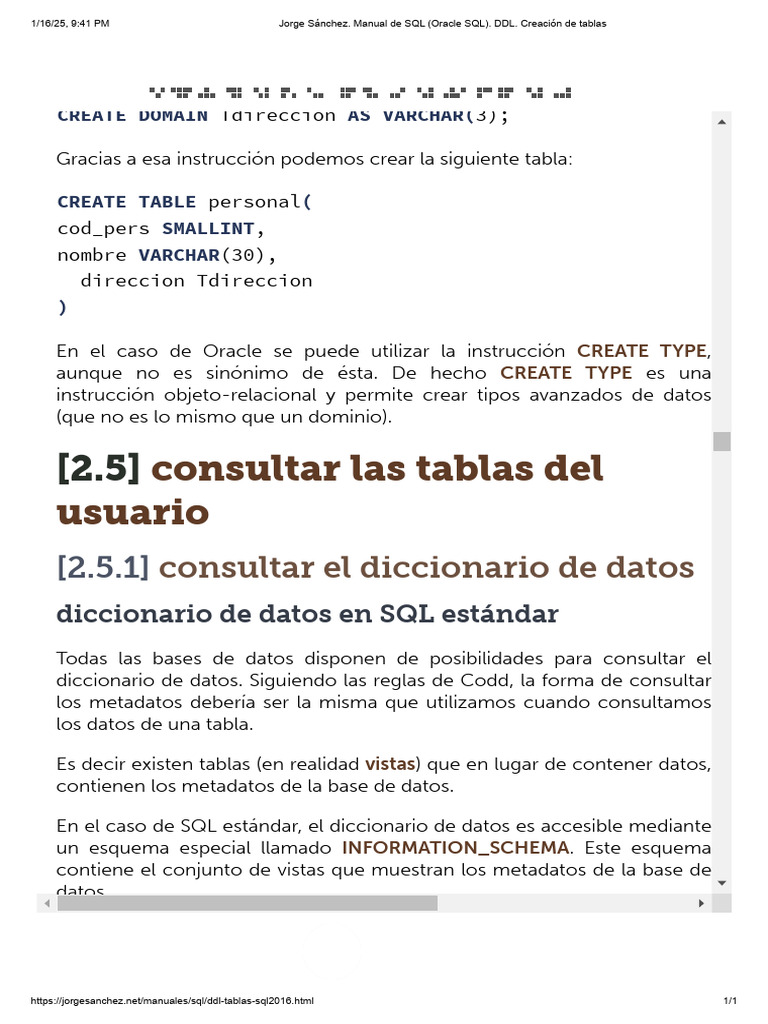 Jorge Sánchez. Manual de SQL (Oracle SQL). DDL. Creación de tablas | PDF