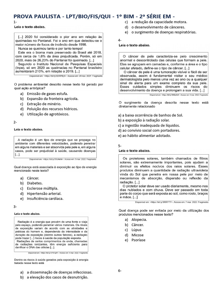 PROVA PAULISTA - 2023 2 Séries - 1, 2 e 3 Bimestres. | PDF | Alelo | Gene