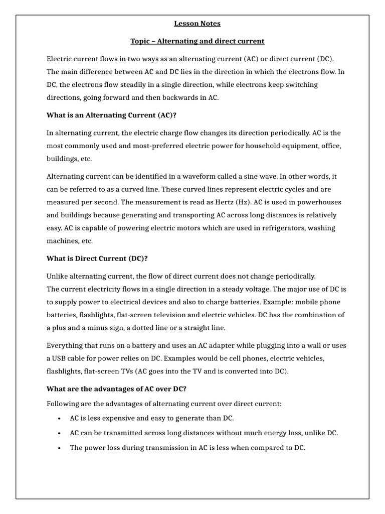 Lesson Notes AC and DC (1) Class 10 Cbse | PDF
