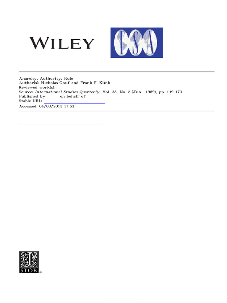 ONUF, Nicholas & KLINK, Frank - Anarchy, Authority, Rule | PDF