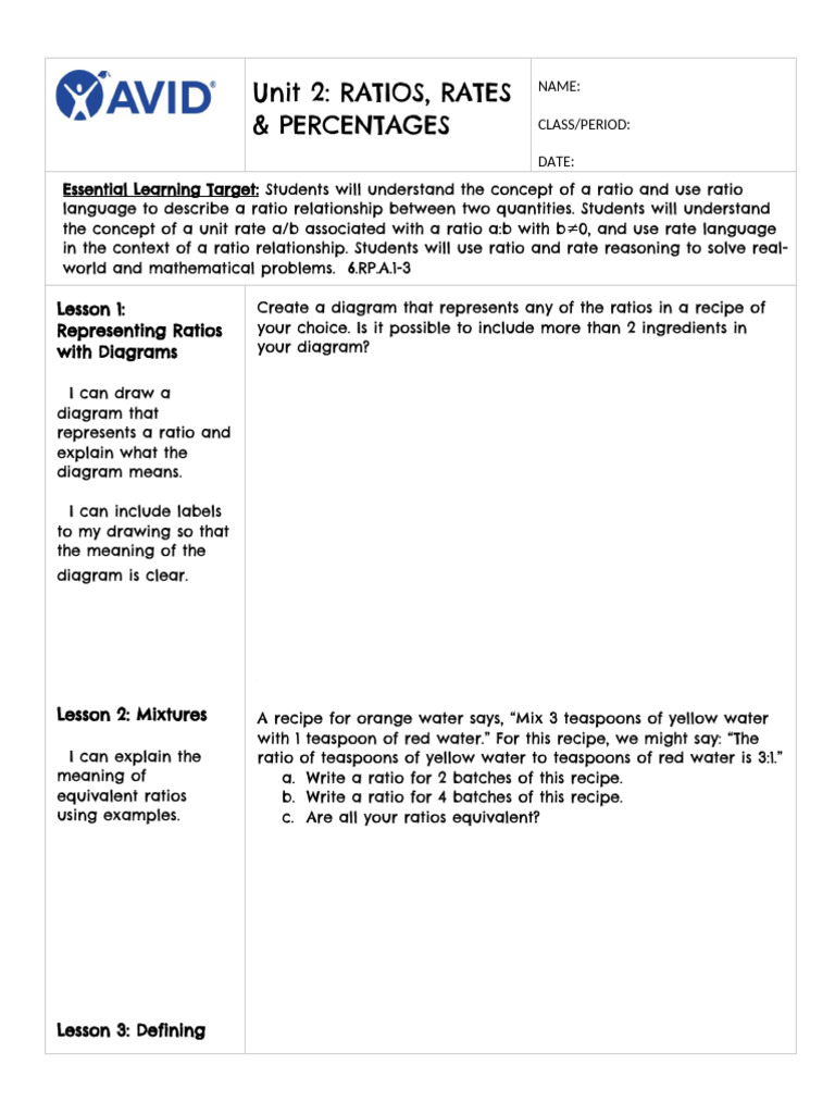AVID Cornell Notes - Ratios | PDF | Ratio | Measurement