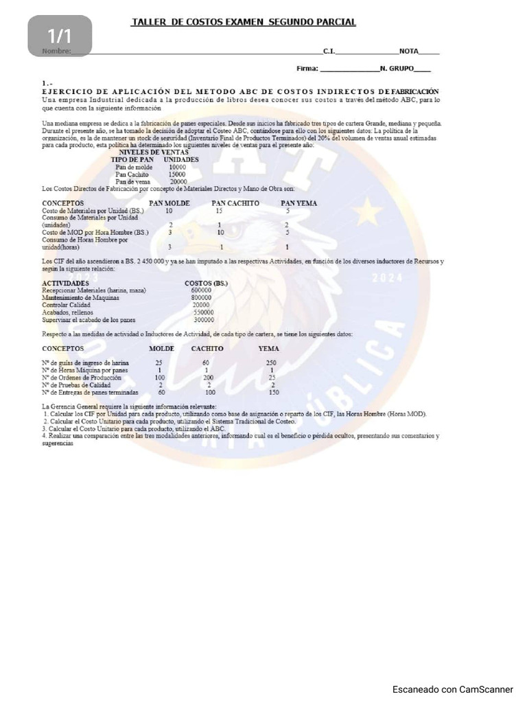 Examen 2do parcial taller de costos (1) | PDF