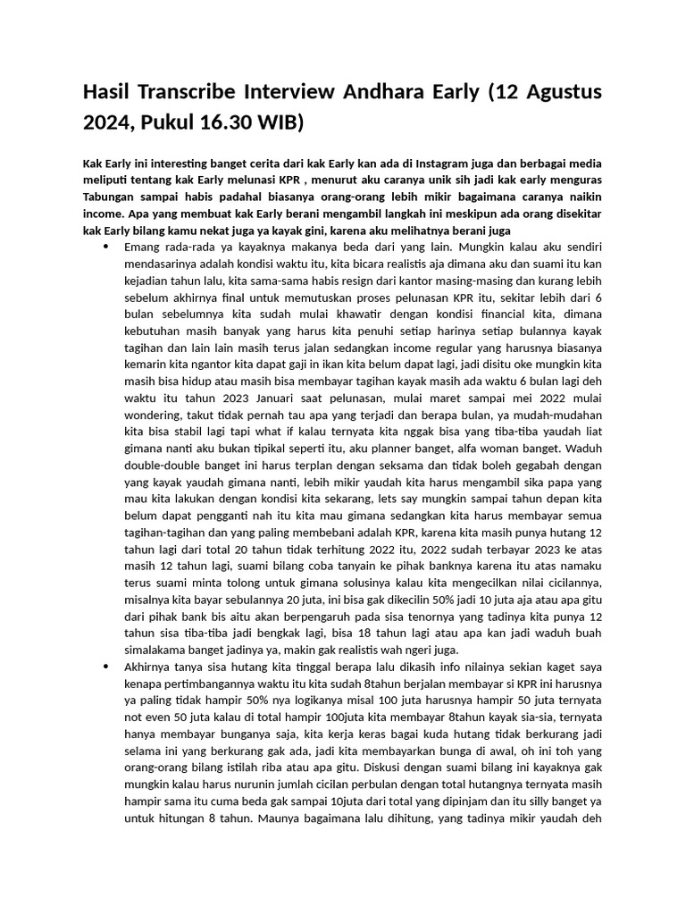 Hasil Transcribe Interview Andhara Early | PDF