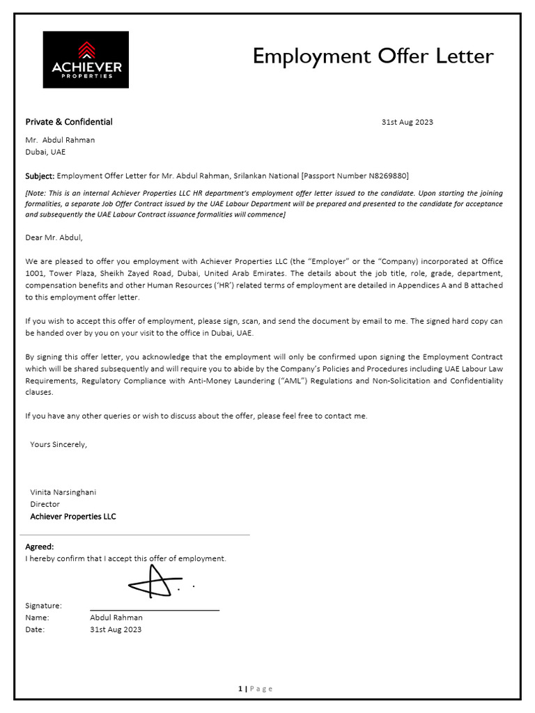 Employment Offer Letter for Abdul Rahman | PDF | Employment | Salary