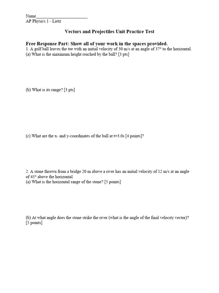 Vectors and Projectiles Unit Practice Test 2 | PDF | Projectiles ...