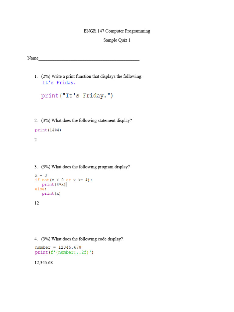 ENGR 147 Example Quiz 1 Solution | PDF