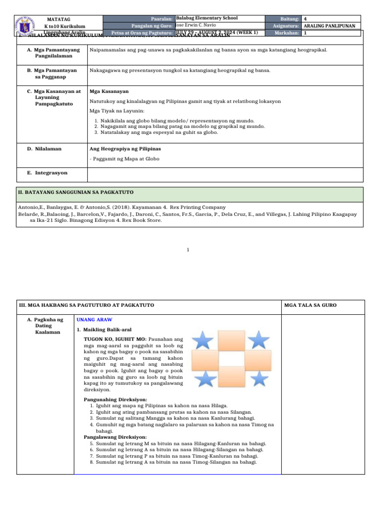 DLL Matatag - Araling Panlipunan 4 Q1 W1 | PDF