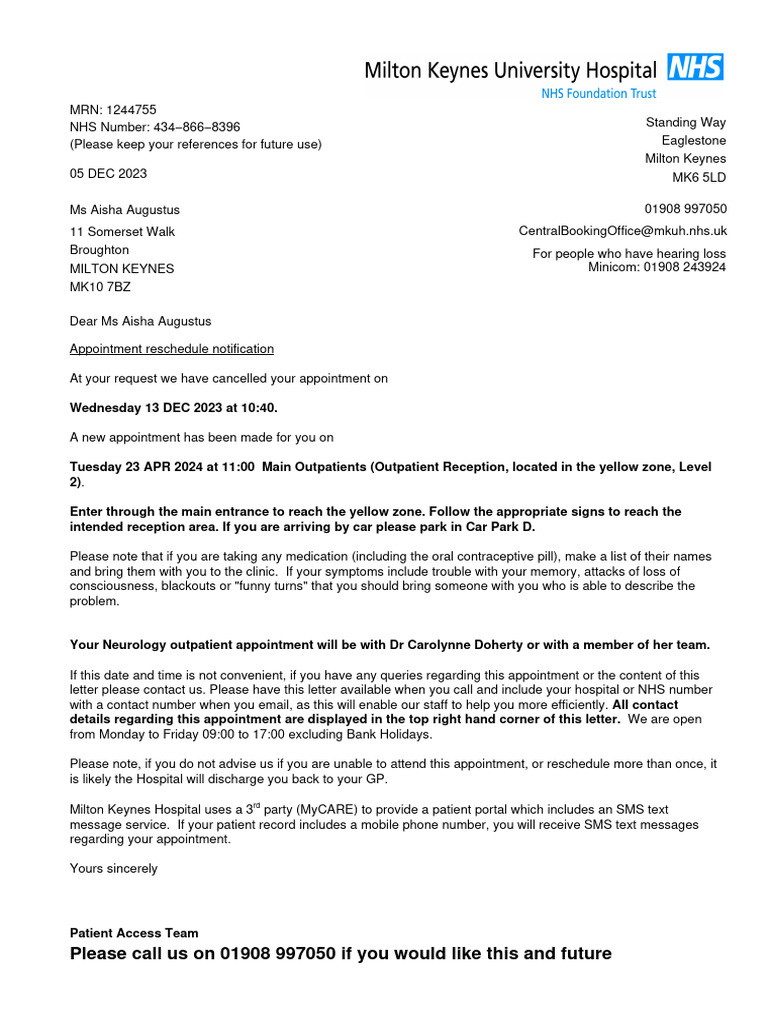 Neurology Appointment Letter 2023-12-05 12-06-36 | PDF | Health ...