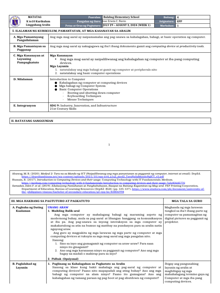 DLL Matatag - Epp 4 Q1 W1 | PDF