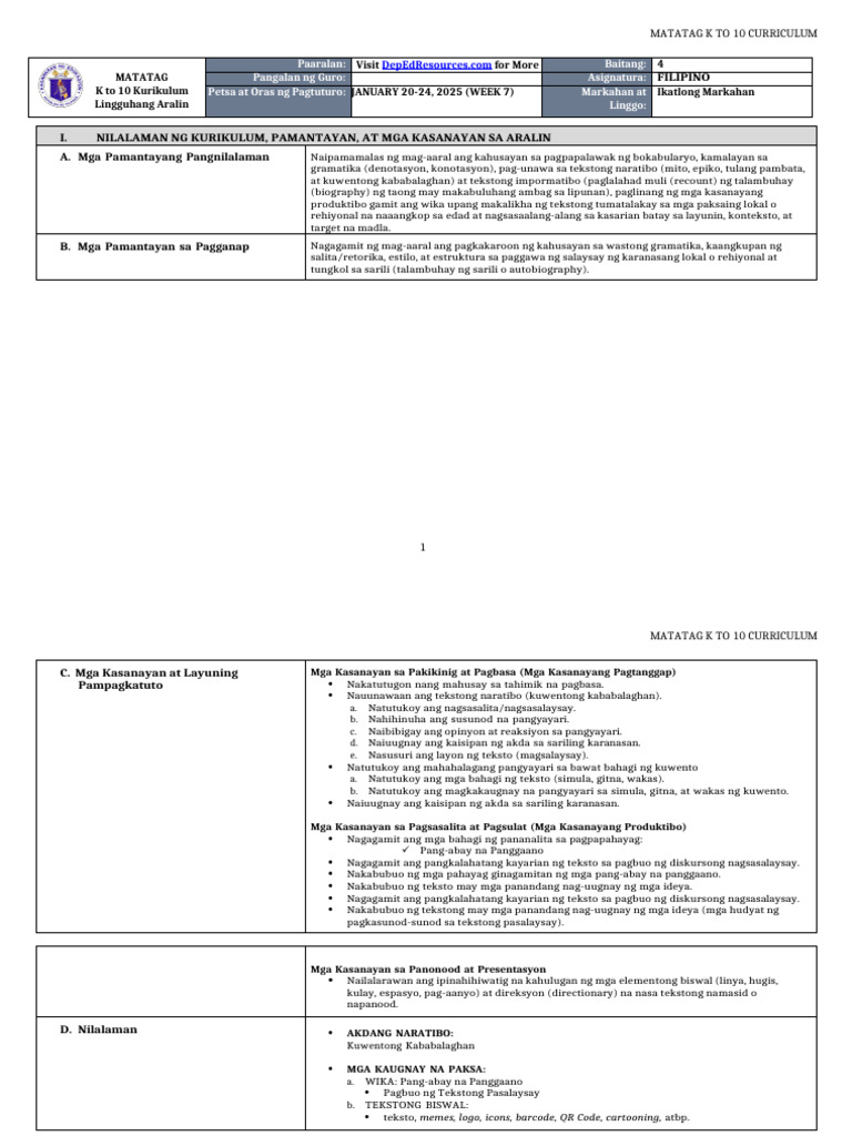 DLL Matatag - Filipino 4 Q3 W7 | PDF