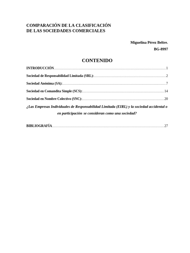 Miguelina Pérez Beltre - Comparación de La Clasificación de Las Sociedades Comerciales1 | PDF ...