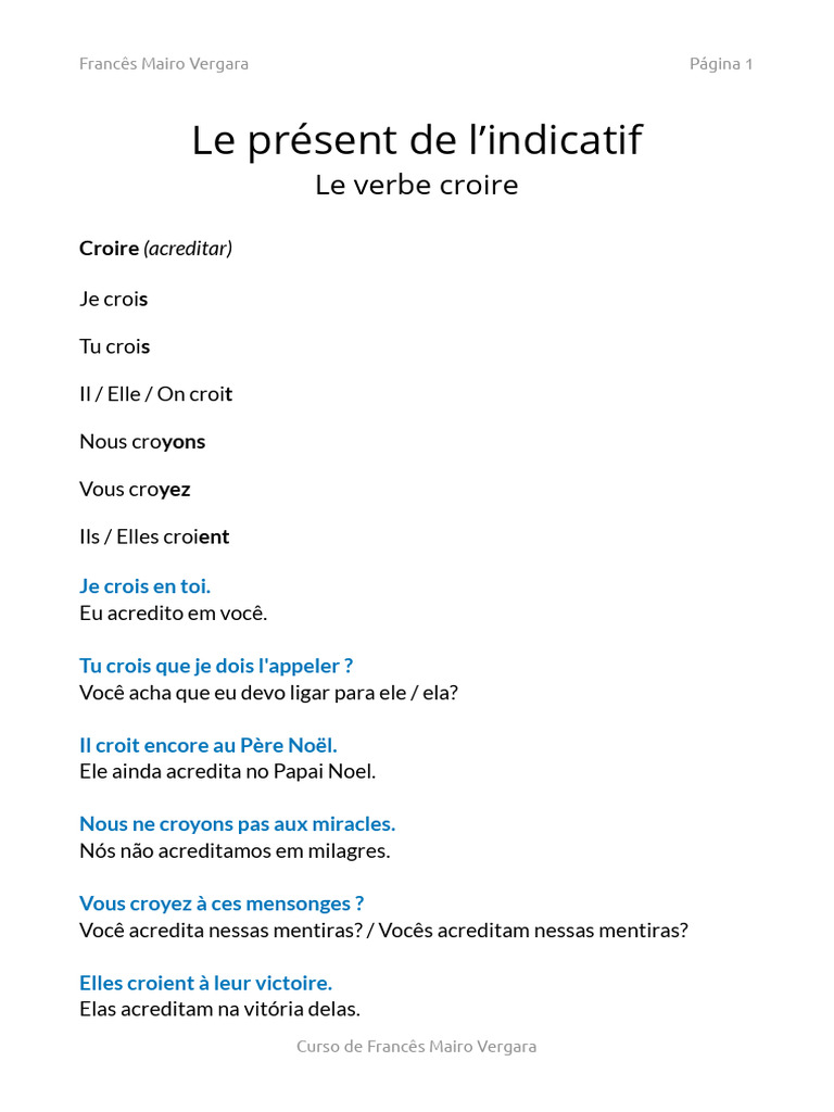Conjugação do Verbo Croire em Francês | PDF
