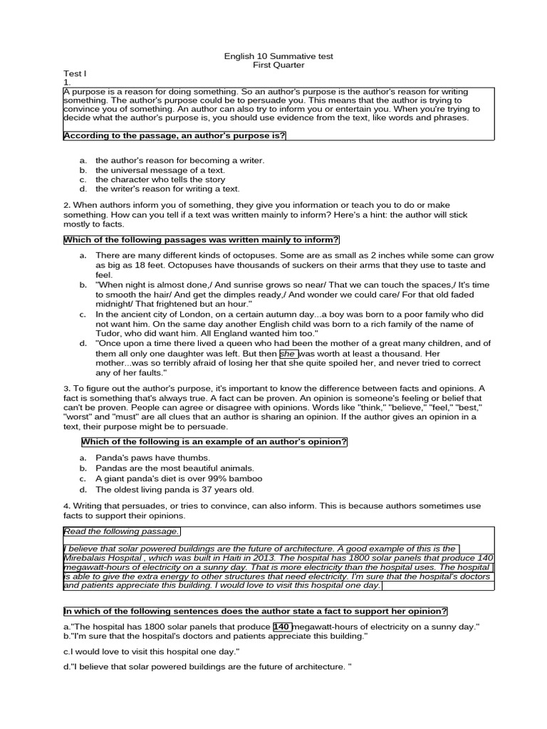 English 10 First Quarter Test | PDF | News | Bullying