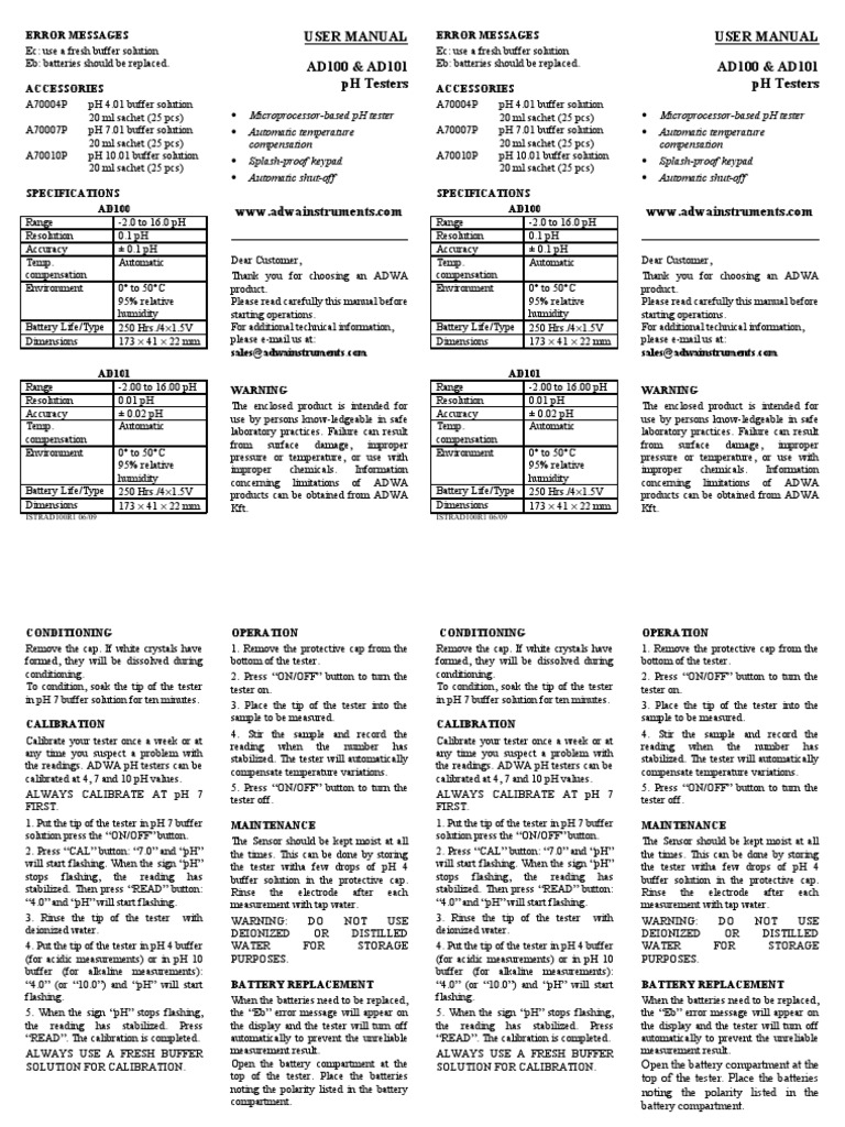 Manual AD 101 | PDF | Ph | Calibration