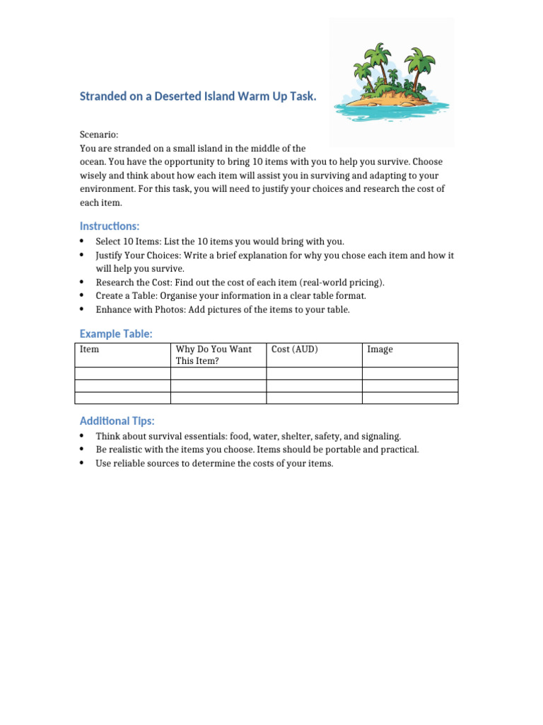 Desert Island Survival Kit Activity | PDF