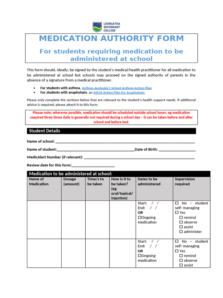 School Medication Authority Form | PDF | Social Programs | Medicine
