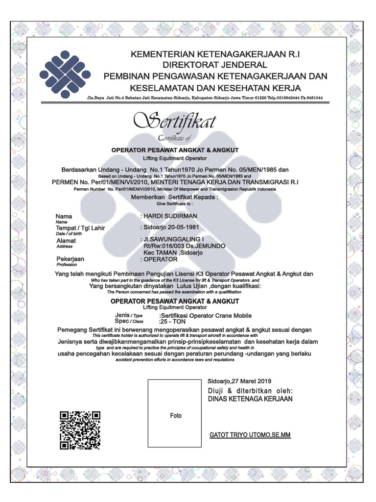 2a-2 Certifikat Training Operator Crane | PDF