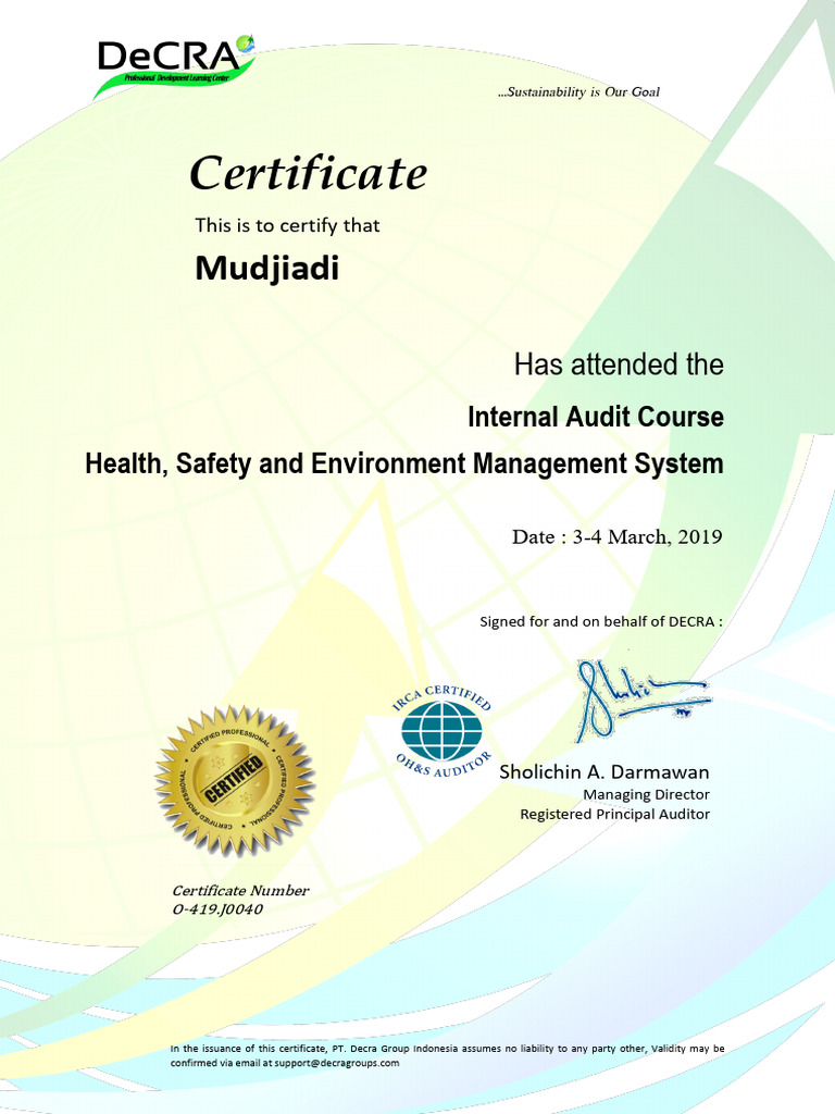 2a-10 Internal Audit Certificate Mudjiadi | PDF
