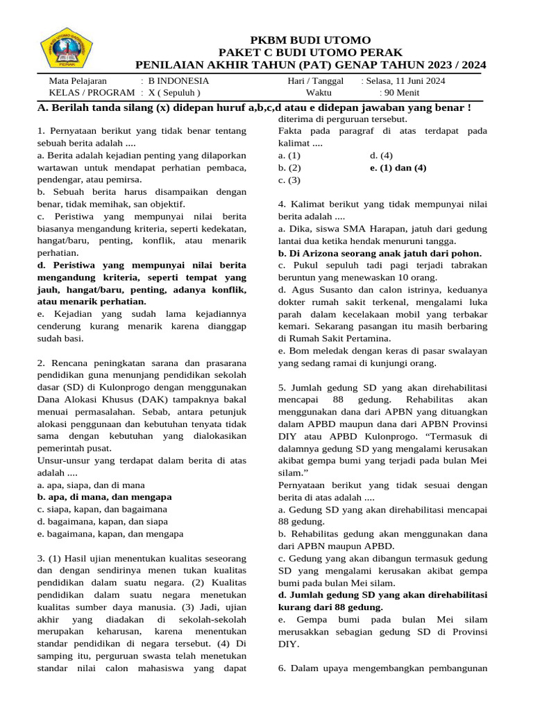 Soal B Indo Pat Genap KLS X 23 24 | PDF