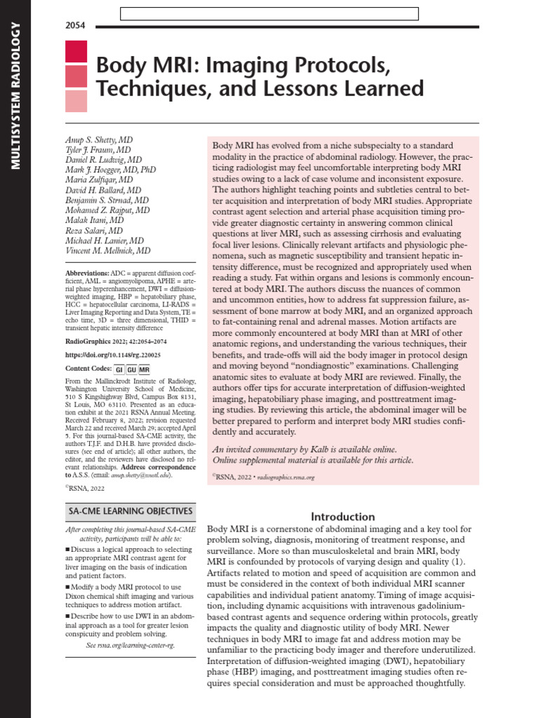 Shetty Et Al 2022 Body Mri Imaging Protocols Techniques and Lessons Learned | PDF | Magnetic ...