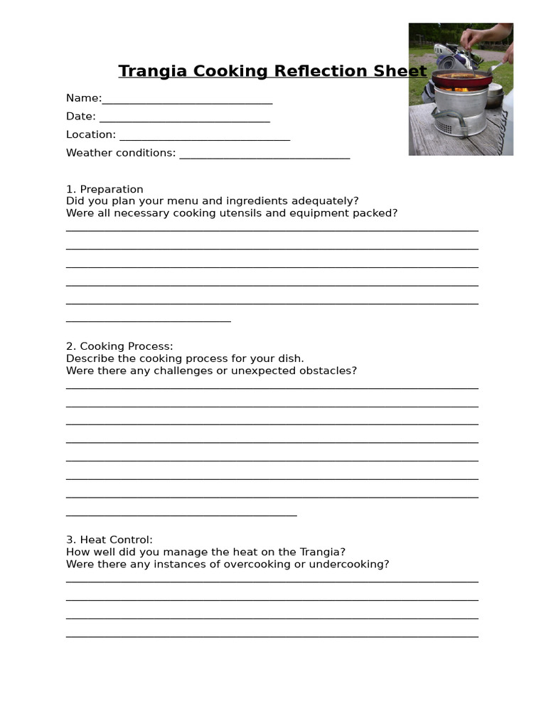 Trangia Cooking Reflection Sheet | PDF | Cooking | Foods
