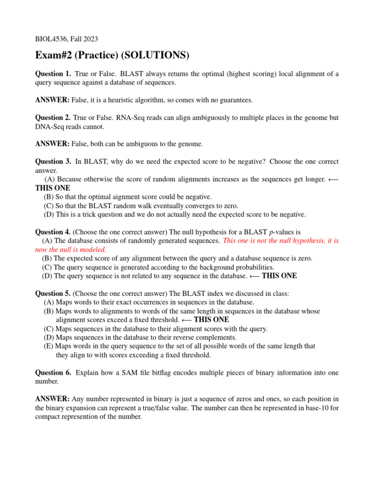 Exam2 Practice Solution | PDF | Sequence Alignment | Biology