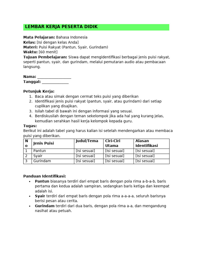 LKPD 1 PUISI RAKYAT | PDF