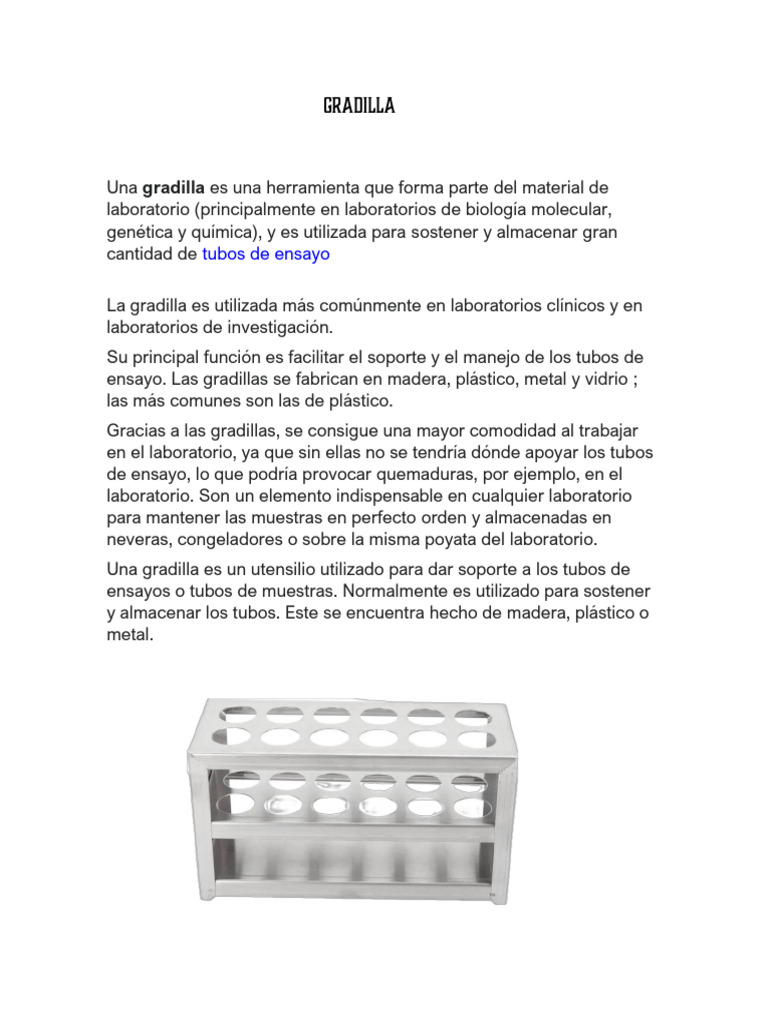 Funciones y materiales de la gradilla | PDF | Laboratorios