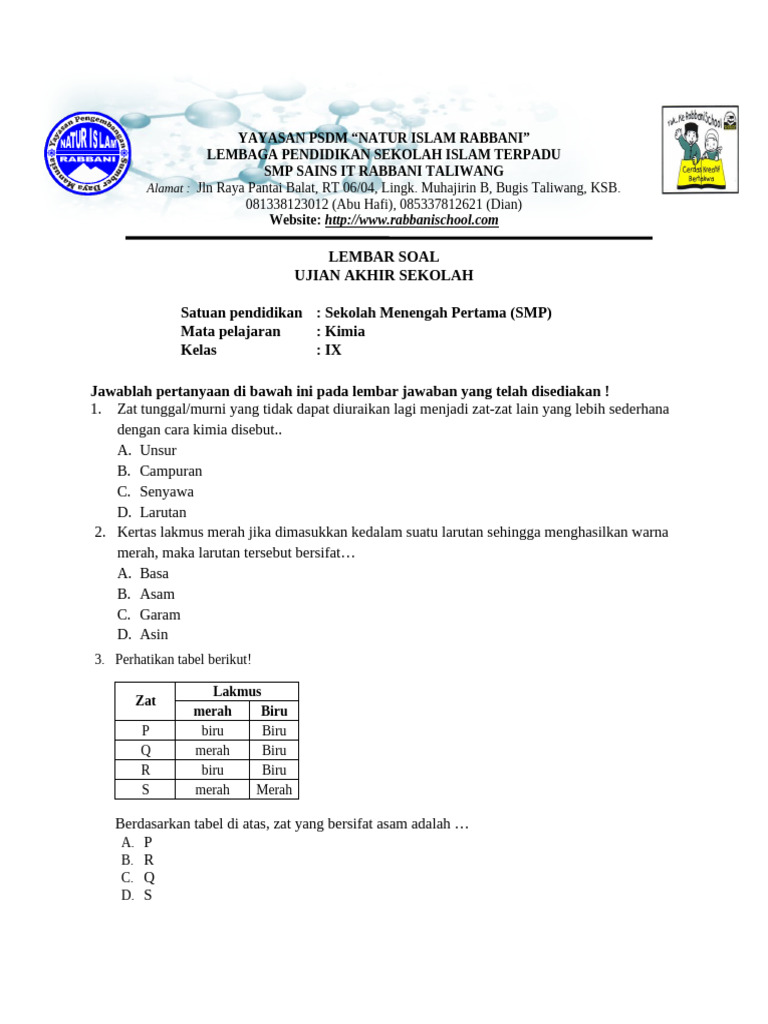 Uas Kimia KLS 9 | PDF