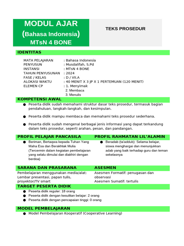Modul Ajar Teks Prosedur Kelas VII | PDF