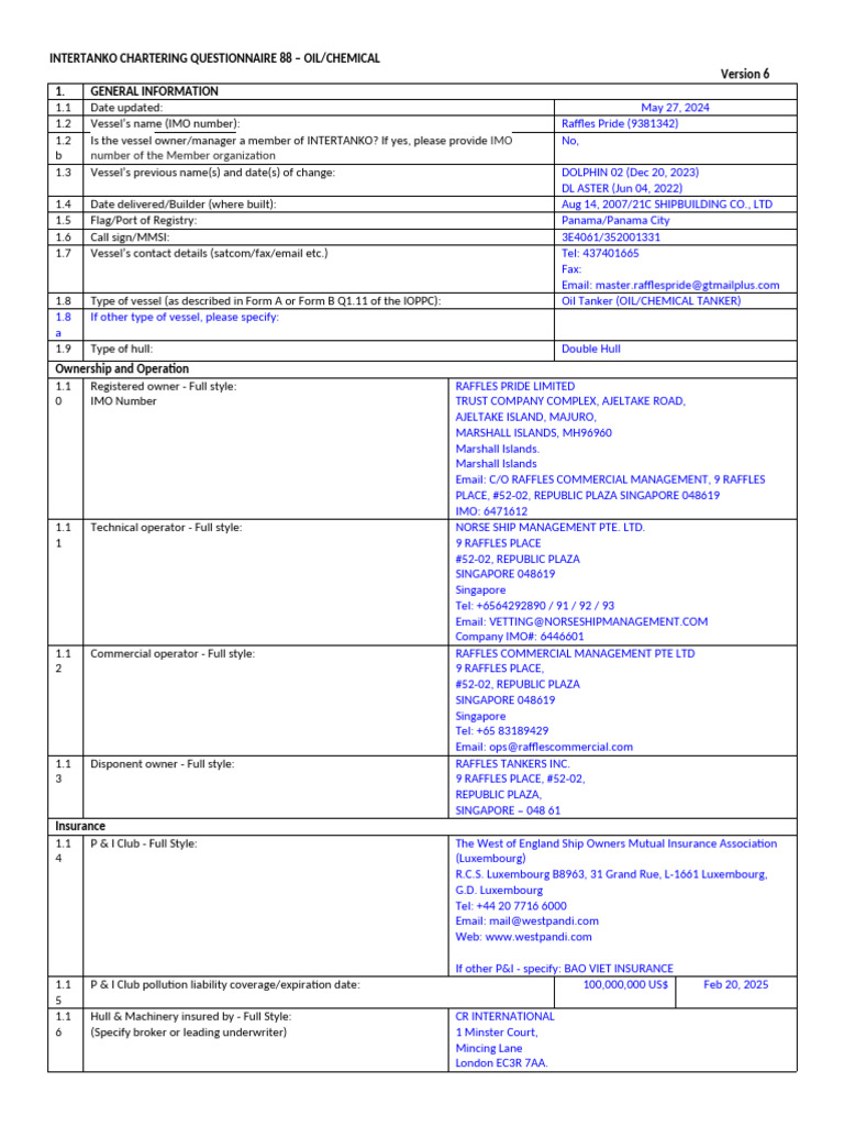 Raffles Pride - Q88 V6 (Oil and Chemical) - 27may2024 | PDF | Tonnage ...