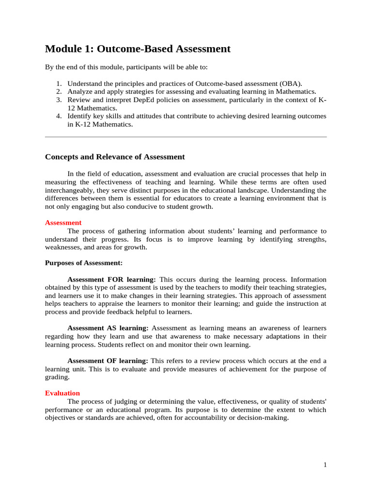 Module 1. Outcome Based Assessment | PDF | Educational Assessment | Mathematics