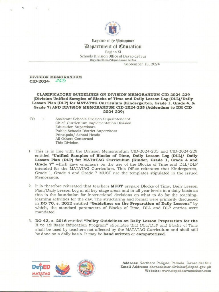 DM Cid 2024 283 Clarificatory Guidelines DM Cid 2024 229 DLL DLP ...