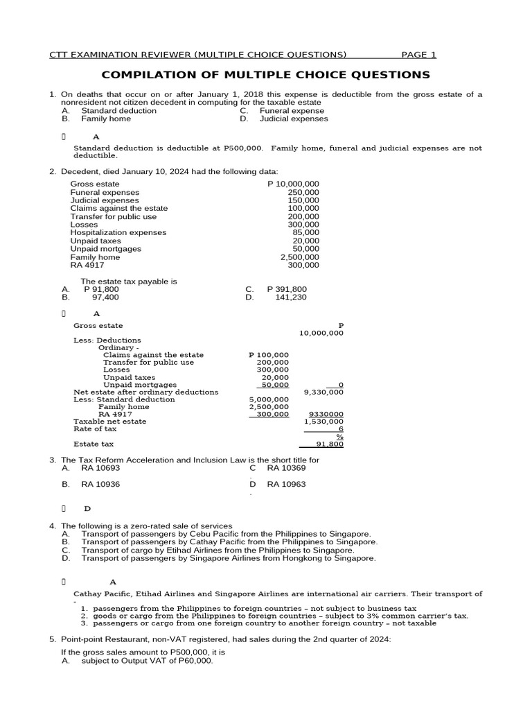 CTT Examination Reviewer: Estate Tax MCQs | PDF | Taxes | Value Added Tax