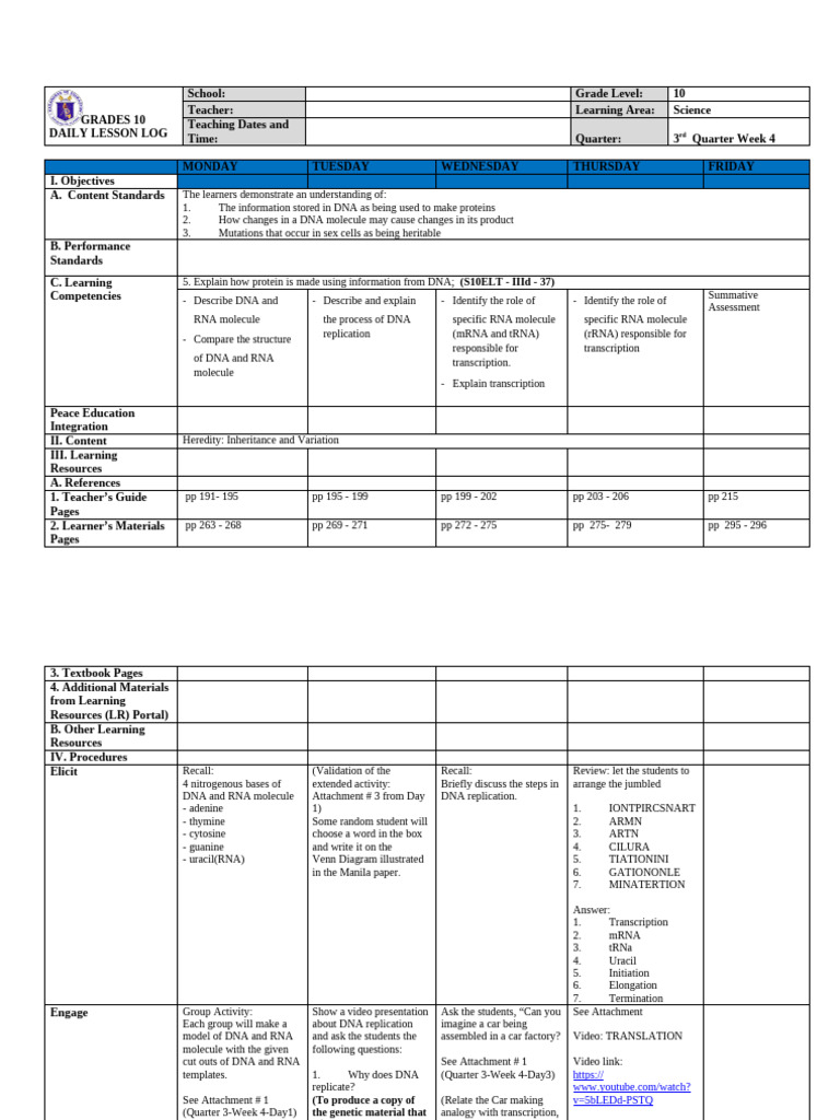 DLL - Science 10 - Quarter 3 - Week 4 | PDF | Rna | Dna