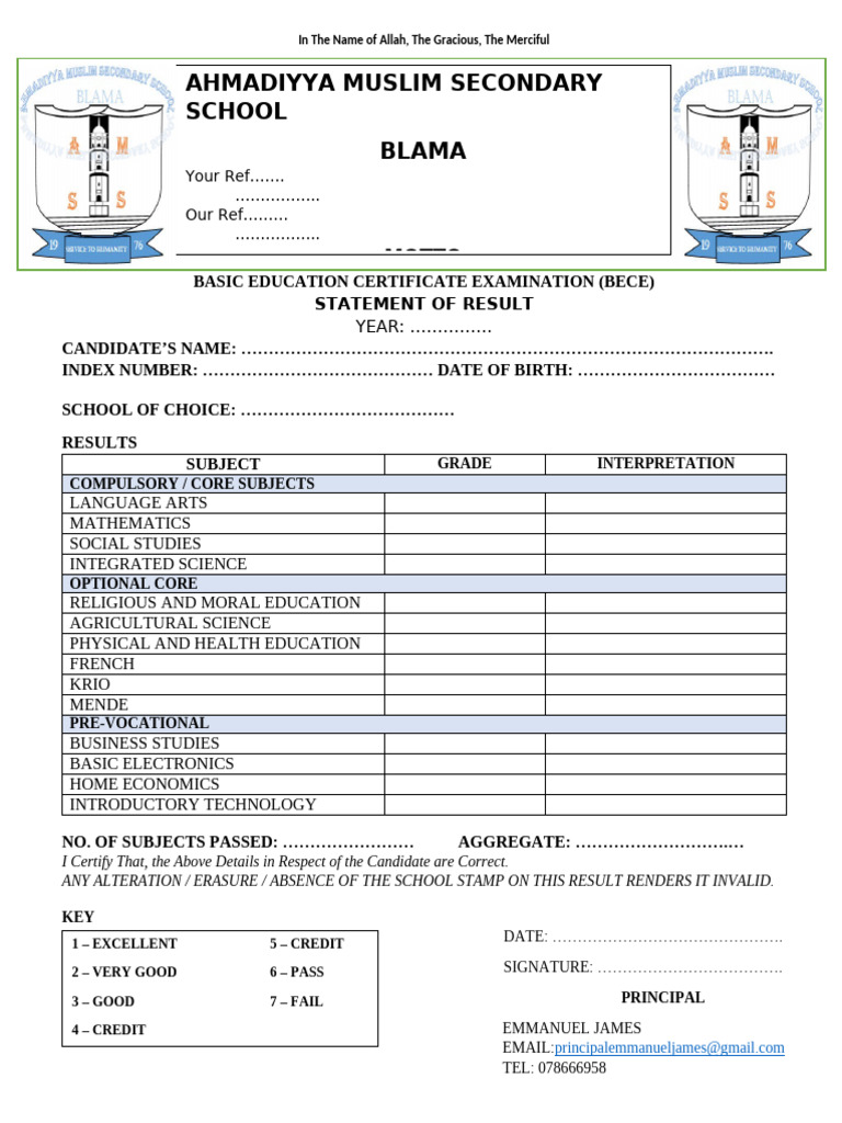 Result Template - Bece Amss Blama | PDF