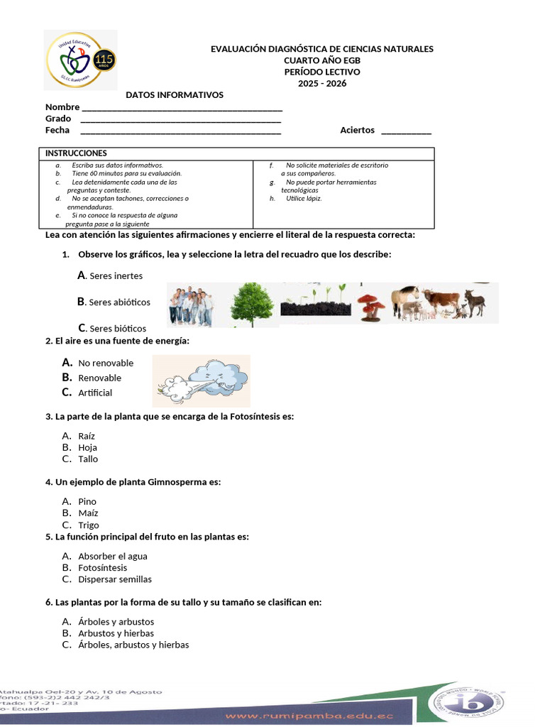EVALUACIÓN DIAGNÓSTICA-NUEVOS INGRESOS - CCNN - Cuarto - 2024-2025 | PDF | Plantas | Botánica