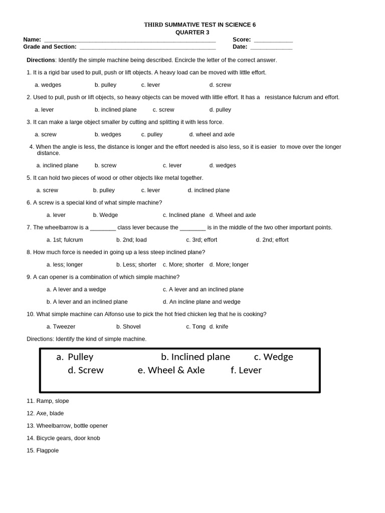 3RD Summative Test in Science Q3 | PDF | Machines | Lever