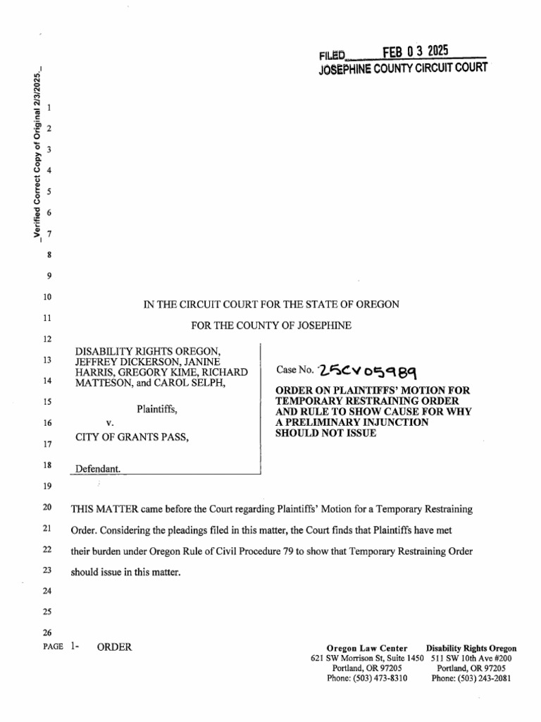 Grants Pass Temporary Restraining Order | PDF | Injunction | Law Of The ...