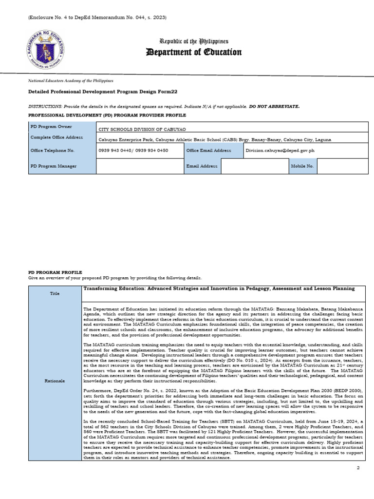 Detailed PD Program Design and M - E Plan Form | PDF | Pedagogy | Lesson Plan