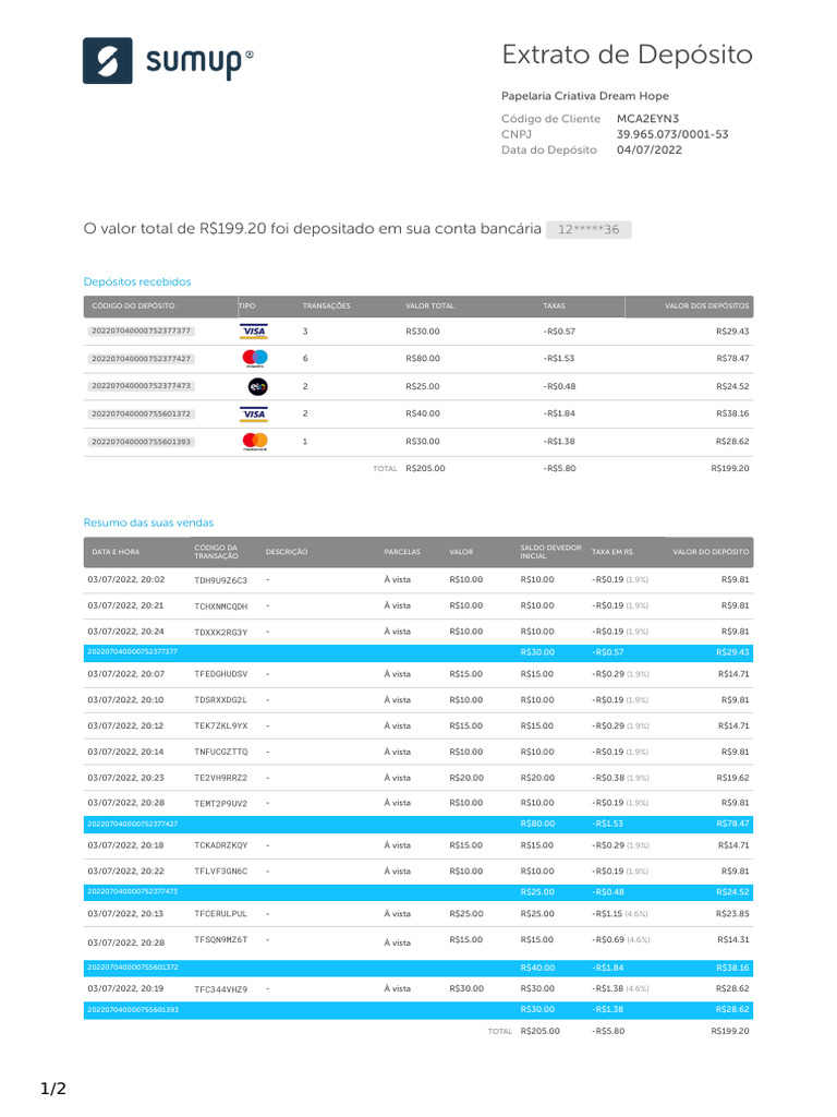 SumUp Daily Payout Report | PDF | Conta bancária | Jargão corporativo