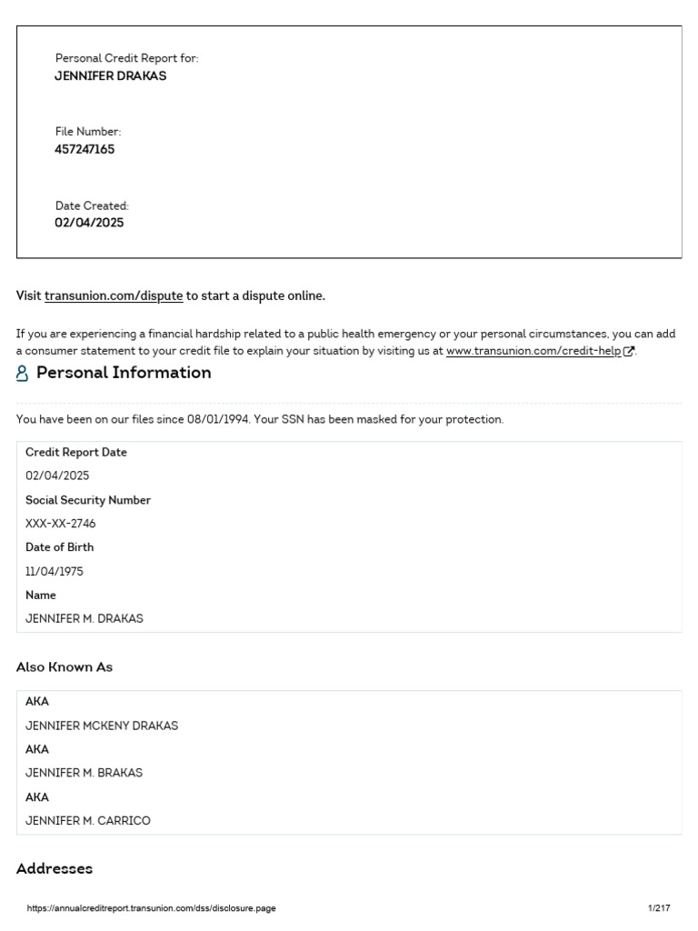 Jennifer View Your Report - TransUnion Credit Report | PDF | Credit ...