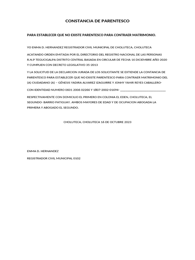 Constancia de Parentesco | PDF