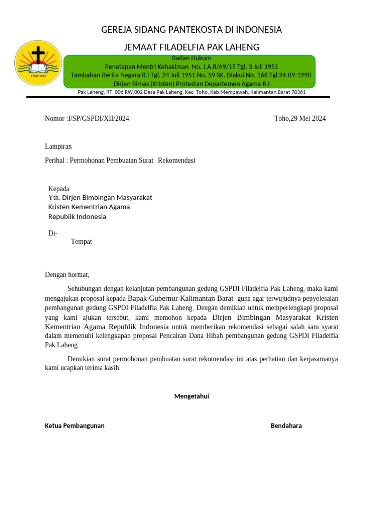 SURAT REKOMENDASI Bimas Kristen Pak Laheng | PDF