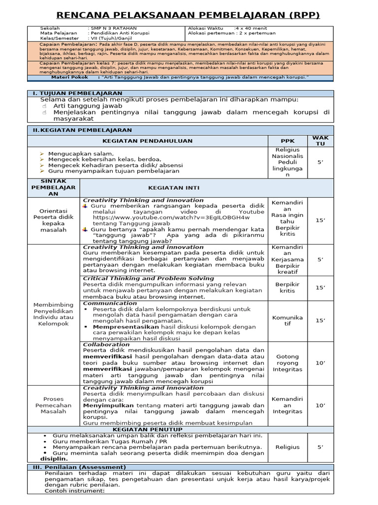 RPP Anti Korupsi Kls 7 Ganjil Terbaru | PDF