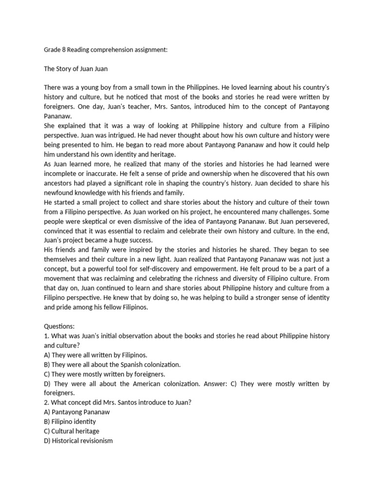 Grade 8 Reading Comprehension Assignment | PDF | Philippines | Liberal ...